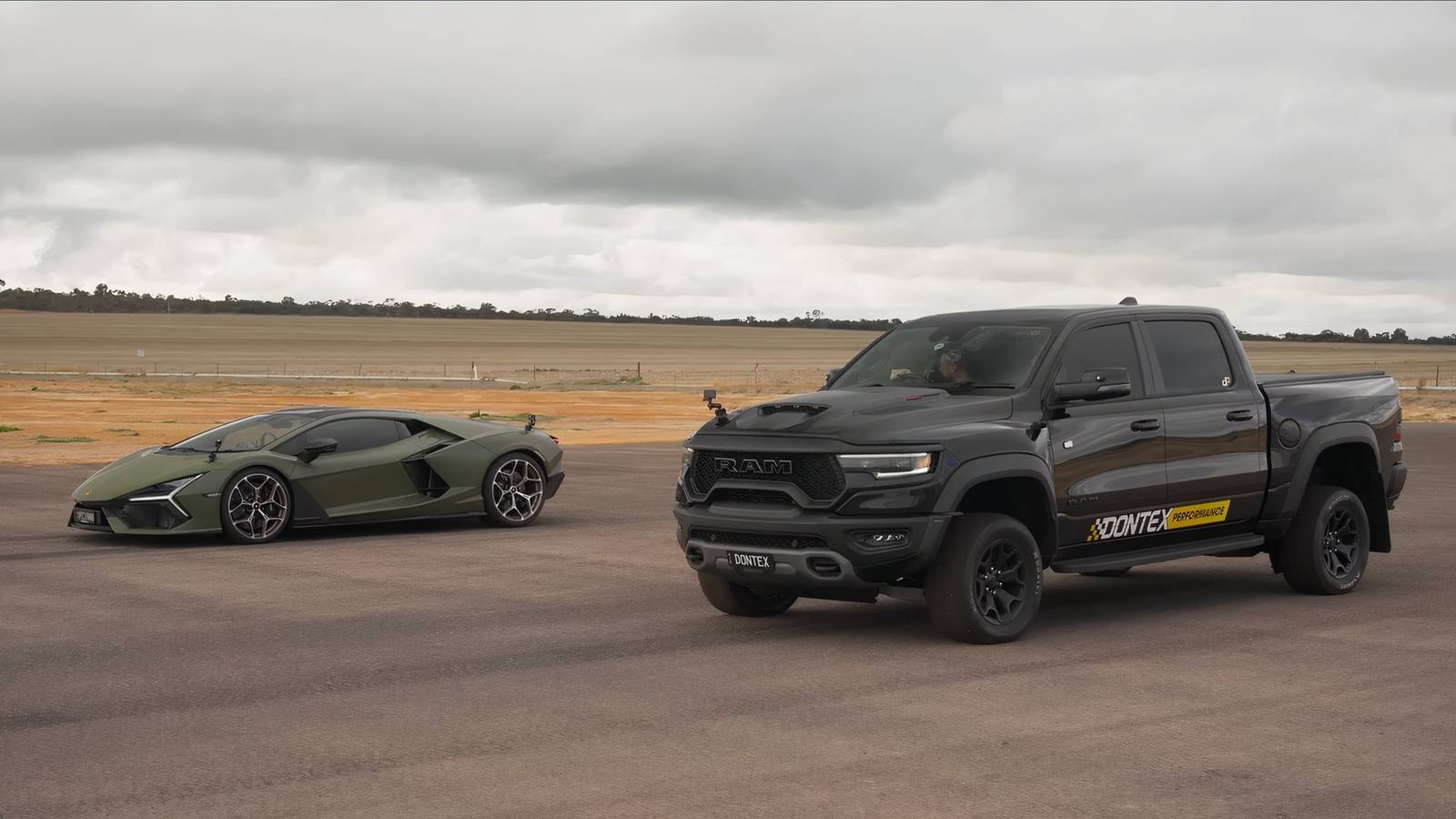 1,200-HP Ram TRX Drag Races Lamborghini Revuelto Supercar