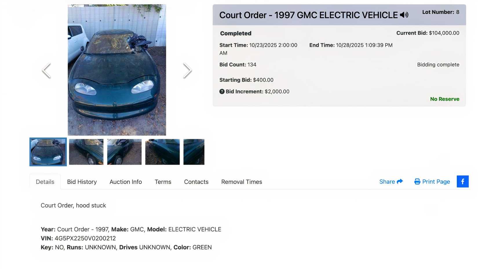 Rare 1997 GM EV1 Sells For $104K At Georgia Impound Auction